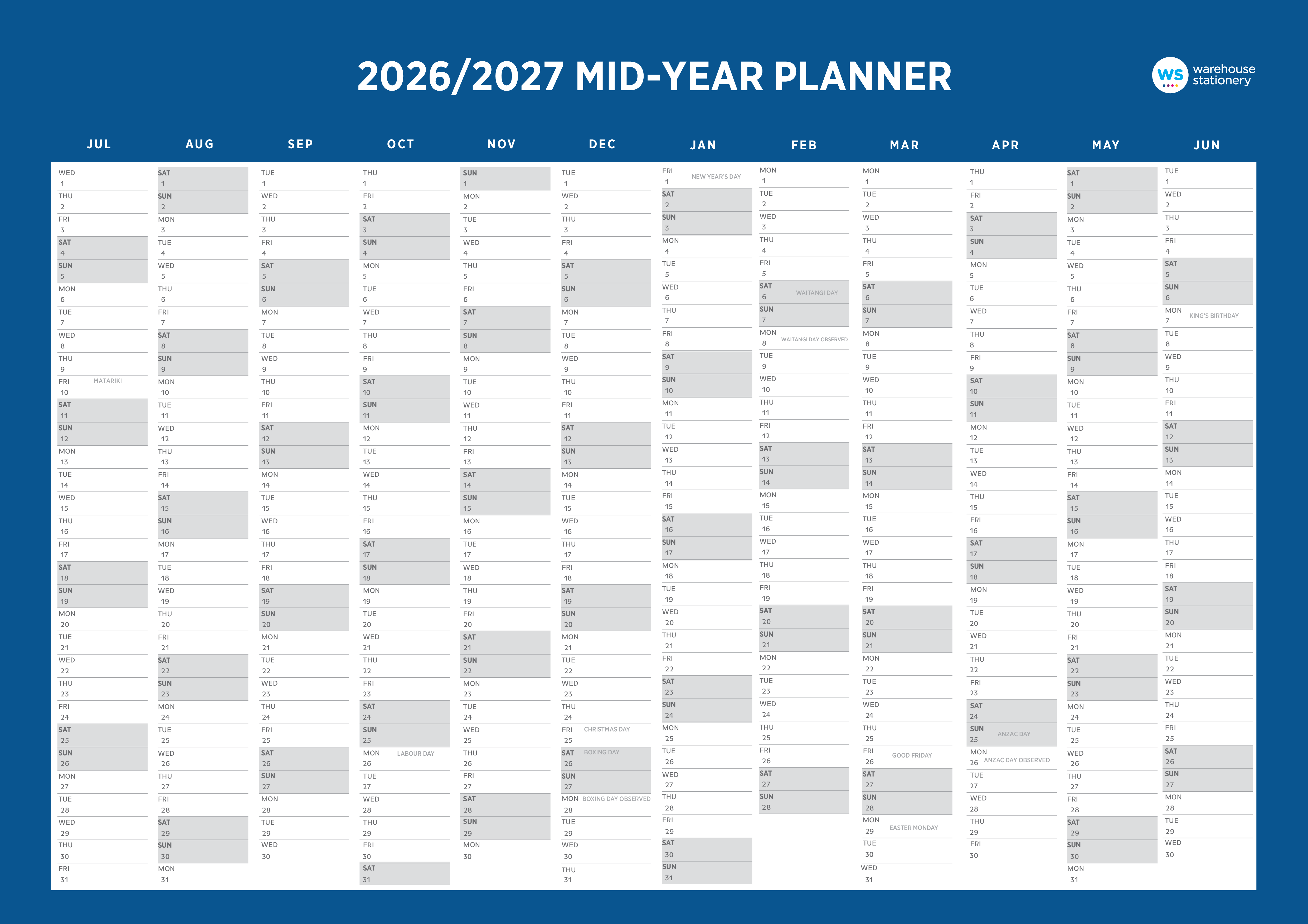 Browse Design - 2026/27 Mid-Year Wall Planner Duraprint Sticker - WS Print